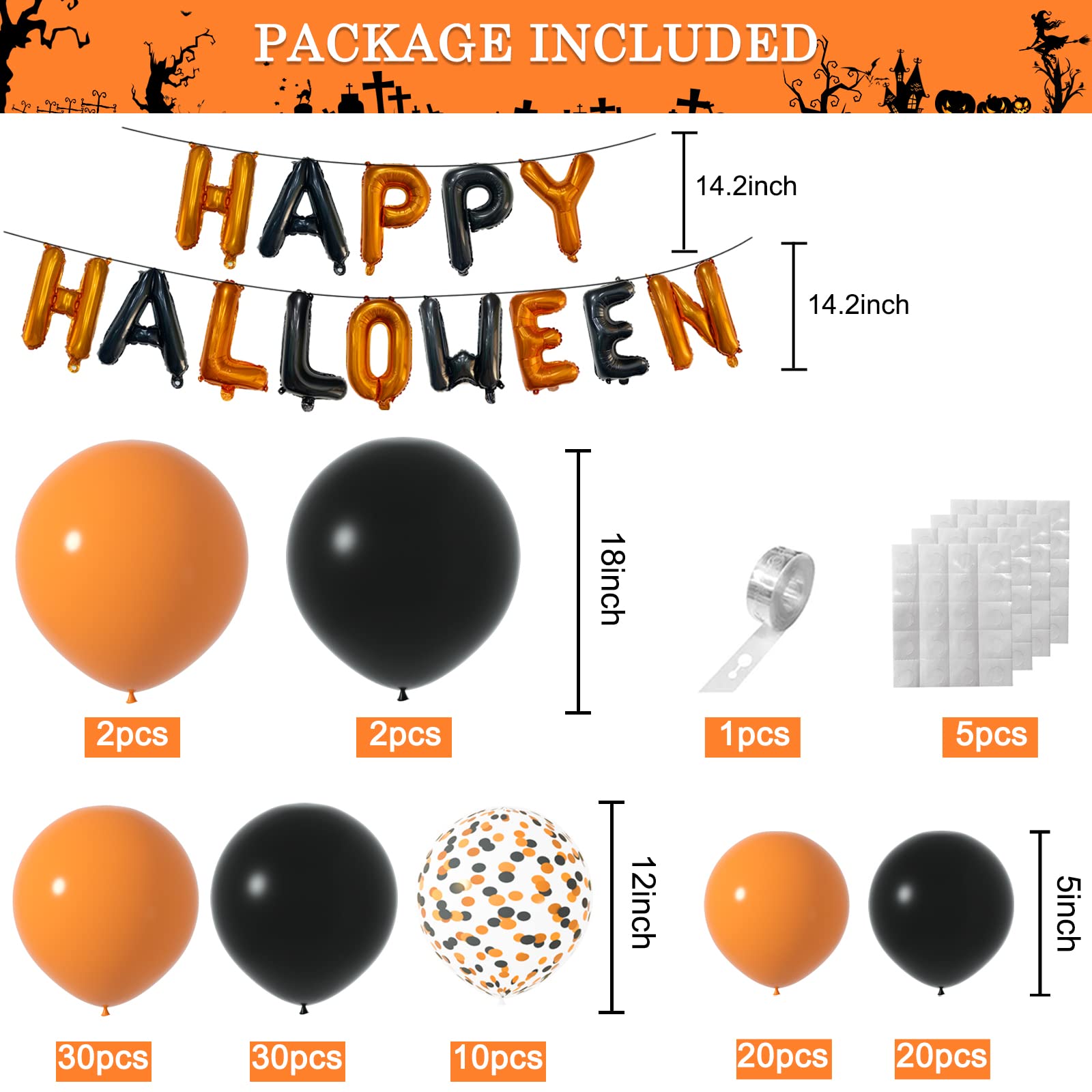 AJOYEGG Halloween Balloons Garland Kit 115pcs, Matte Black Orange Confetti Balloon 18 12 5 Inch with Happy Halloween Foil Balloons, Latex Balloon Arch for Halloween Day Party Supplies Decorations DIY