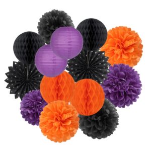 black orange purple halloween party-decorations - 14pcs kits paper lanterns fan,tissue flower pom poms streamers,honeycomb balls,graduation birthday wedding baby bridal shower decor lasting surprise