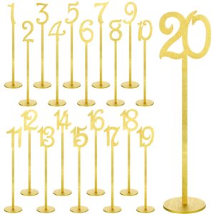 20 pcs table numbers wedding table numbers wood table numbers for wedding reception stands seat numbers with holder base table numbers for wedding party event catering, 1-20 (gold)