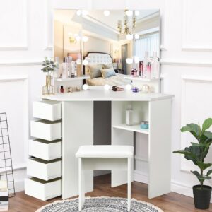 vowner vanity desk with mirror and lights - vanity with 3 lighting options, adjustable brightness, vanity set with 5 sliding drawers, shelves and vanity stool, corner vanity for women girls, white 43"