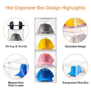 8 Pack Hat Organizer for Baseball Caps,Clear Plastic Baseball Cap Organizer with Magnetic Door,Stackable Hat Storage for Baseball Caps, Easy to Assemble Stylish Hat Display Case,Hat Box,Hat Rack