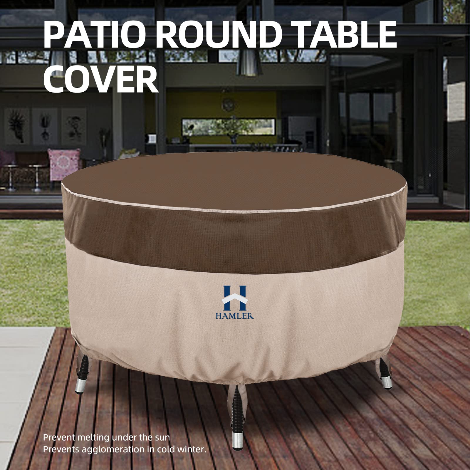 HAMLER Round Outdoor Table Cover, Heavy Duty Outdoor Table Chair Set Covers with Air Vents and Handles, Patio Table Cover Fits up to 110" D x 27.5" H, Brown & Beige