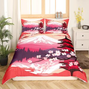 red ukiyoe print duvet cover cherry blossom bedding sets queen japanese mount fuji comforter cover chic flowers florals bedding retro oriental tower quilt cover decoratives ultra soft cozy 3 piece