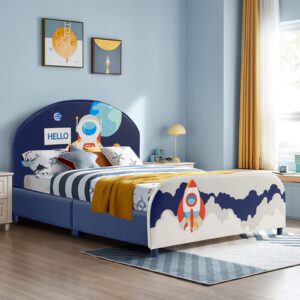 costzon twin bed frames for kids, wood upholstered twin bed platform with slat support, padded headboard&footboard, no box spring needed, easy assembly, fits standard twin mattress (astronaut)