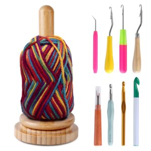 phantomsky wood yarn dispenser yarn spinner wool thread holder yarn ball holder with 8 pcs crochet hooks set for knitting, crochet