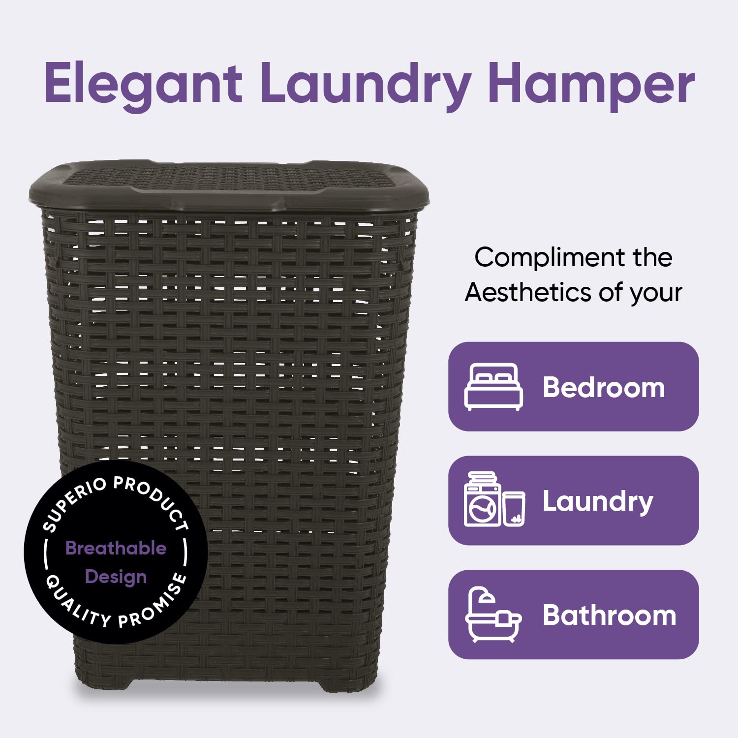 Plastic Laundry Hamper with Lid Laundry Hamper Basket, Brown Tall Cloths Hamper Organizer with Cut-out Handles. Space Saving for Laundry Room Bedroom Bathroom, Wicker Design 60 Liter