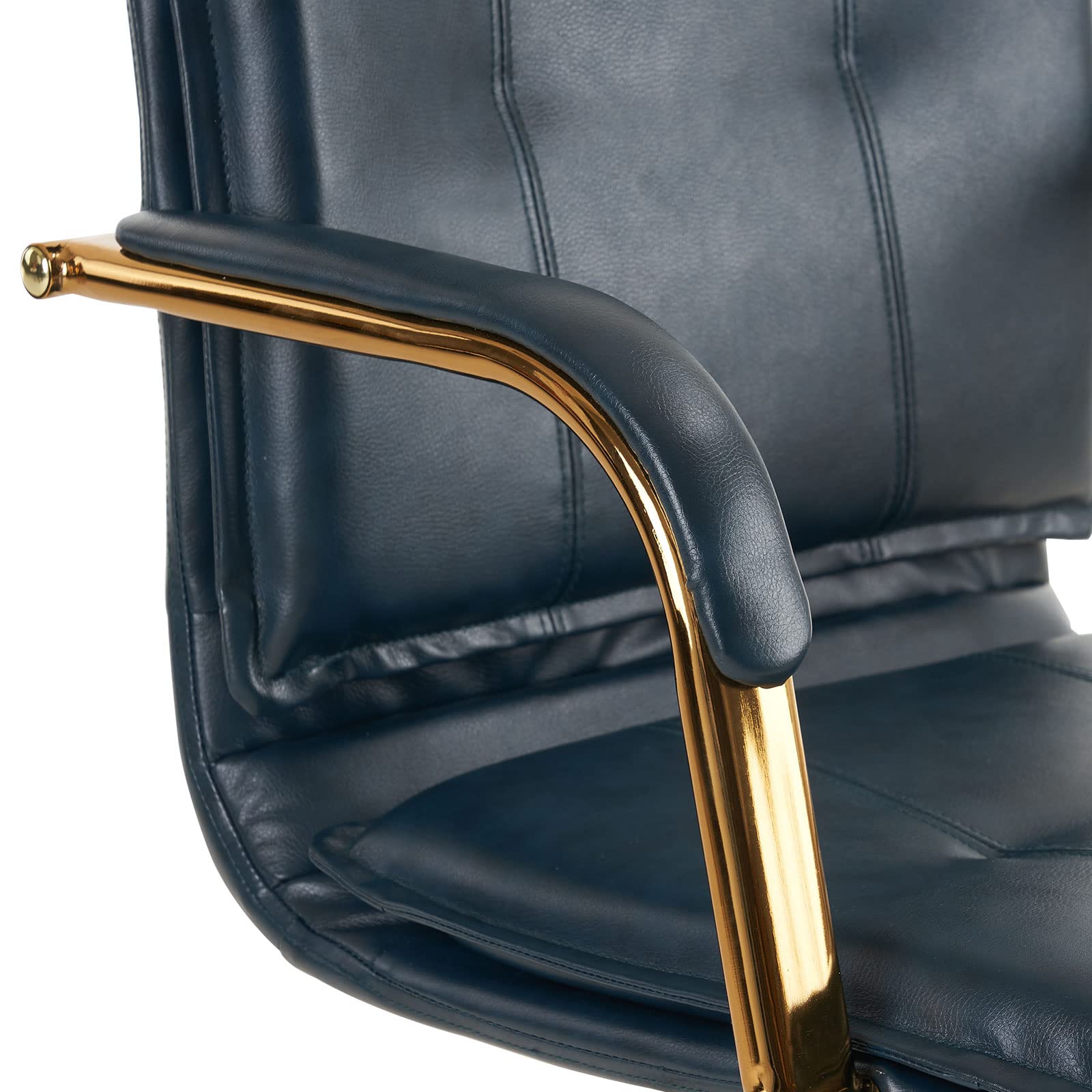 MOJAY Mid-Back Ergonomic Leather Office Chair, Modern Upholstered Executive Desk Chair with Gold Frame Armrest Computer Task Chair (DarkBlue)