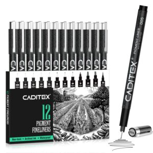 caditex micro-pen set, 12 size fineliner pens, micro-pens for beginners sketching, writing, drawing