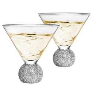 the wine savant wedding diamond studded martini & cocktail glasses set of 2 matte silver glasses, rhinestone diamonds stemless crystal ball base, bar or party 10.5 oz, shiny style glass