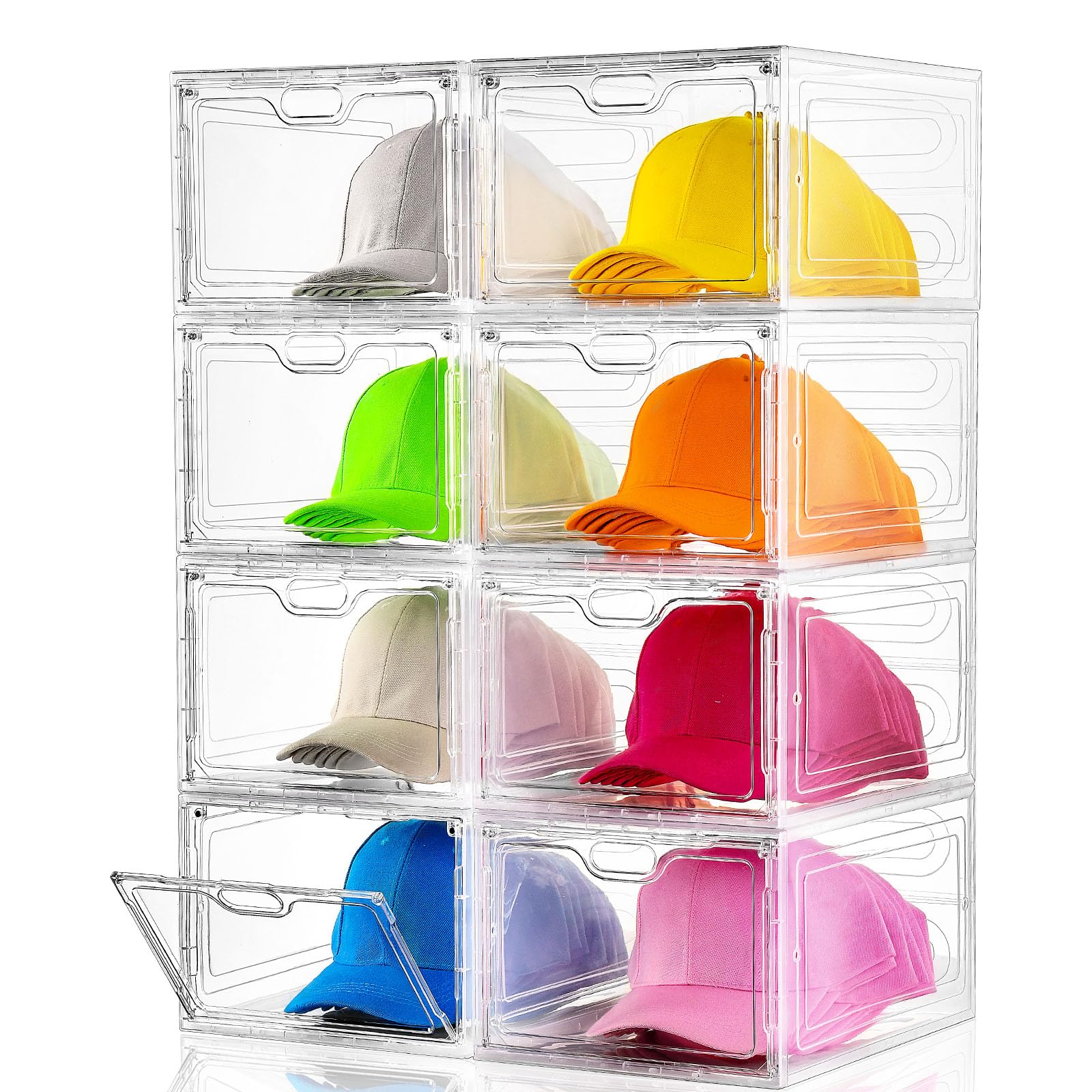 8 Pack Hat Organizer for Baseball Caps,Clear Plastic Baseball Cap Organizer with Magnetic Door,Stackable Hat Storage for Baseball Caps, Easy to Assemble Stylish Hat Display Case,Hat Box,Hat Rack