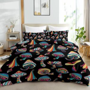 soulzzz colorful mushroom duvet cover umbrella pattern exotic style black beddings for kids teens boys girls aesthetic hippie theme cartoon mushroom bed set (queen, 1 duvet cover 2 pillow shams)