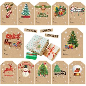 120 pcs christmas gift tags, christmas self adhesive gift tag stickers, holiday labels for gifts santa, snowman, tree, reindeer present name labels for diy xmas gift, 2 x 3 inch, kraft paper stickers