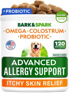 bark&spark advanced dog allergy itch relief chews - skin probiotics w/fish oil omega 3 - itchy skin relief pills - anti itching licking - skin allergies treatment immune supplement colostrum-120 bacon