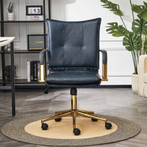 mojay mid-back ergonomic leather office chair, modern upholstered executive desk chair with gold frame armrest computer task chair (darkblue)