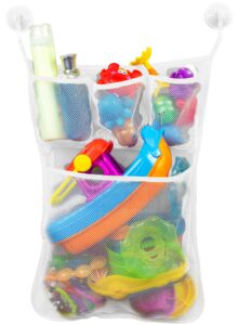 s&t inc. bath toy storage net with pockets for tub, shower caddy holds baby and kids toys, soap, or shampoo, hooks included, 14 inch by 20 inch, white, 1 pack