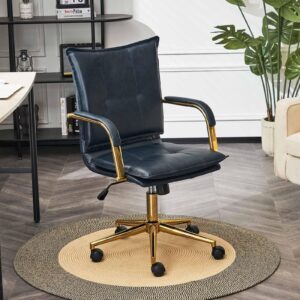 MOJAY Mid-Back Ergonomic Leather Office Chair, Modern Upholstered Executive Desk Chair with Gold Frame Armrest Computer Task Chair (DarkBlue)