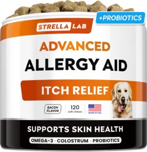 strellalab dog allergy relief & anti itch support chews w/omega 3: real ingredients, real taste! skin & coat immune supplement w/fish oil, pumpkin & enzymes — developed by experts - made in usa -120ct