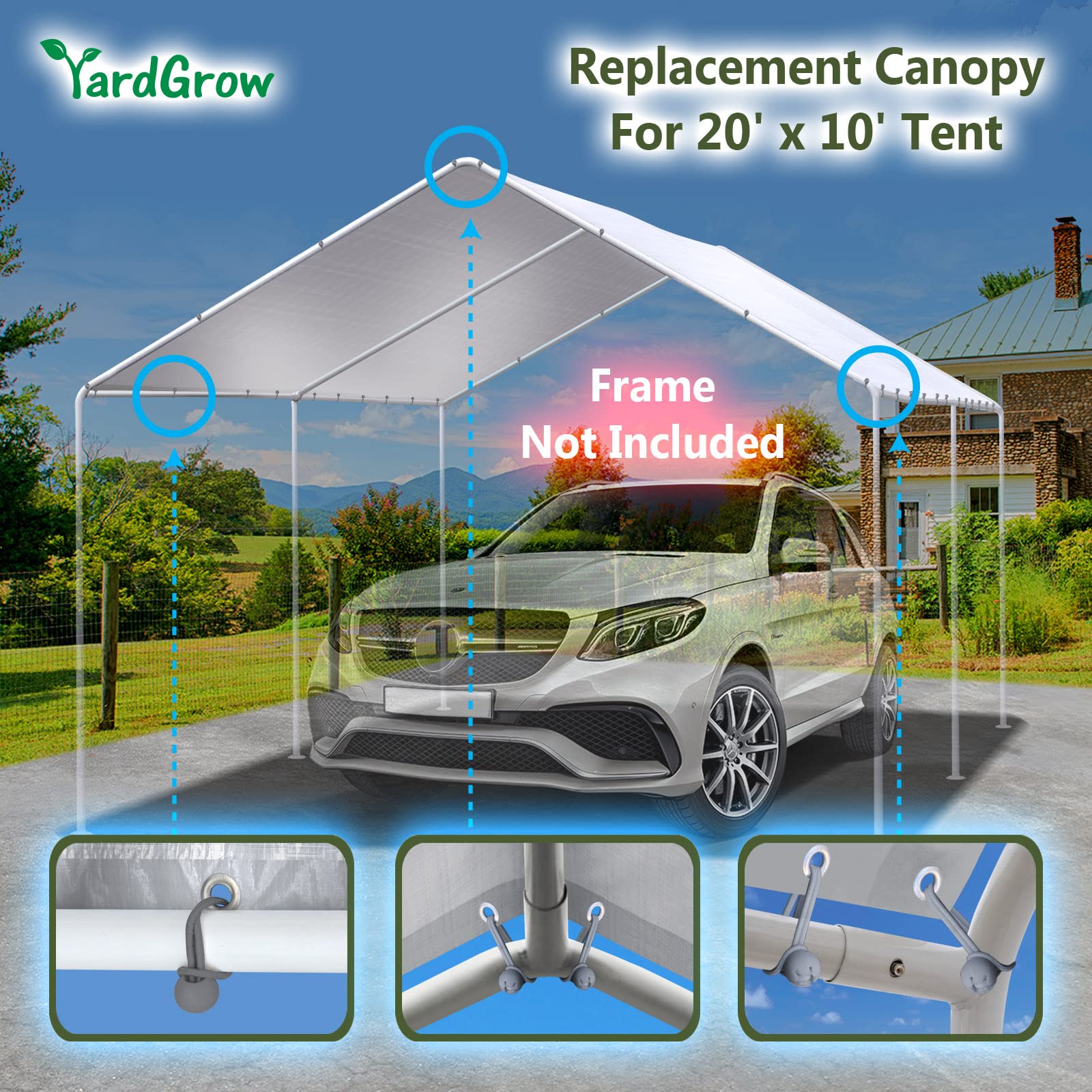 YardGrow 10'x20' Carport Canopy Top Replacement Cover Car Shelter Tent Canopy Replacement Cover, Top Cover Only-with Bungees-Outdoor Party and Commercial Use (Silver)