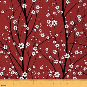 cherry blossoms fabric by the yard, japanese style upholstery fabric for chairs,chic floral decorative waterproof outdoor fabric, spring white flower branch indoor fabric, 1 yard, red black