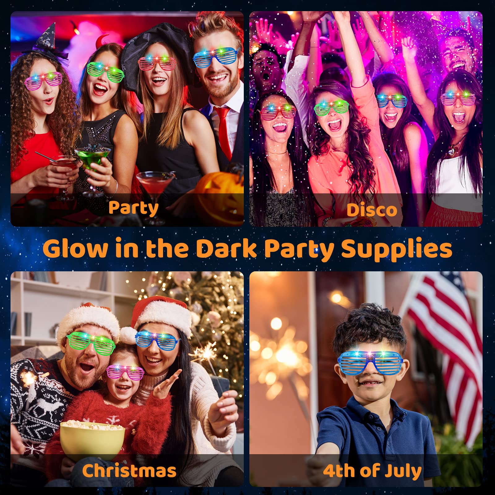 OLUPP 84PCS LED Glasses Glow Glasses, Glow in The Dark Party Supplies 2024 for Kids/Adults, Rave Neon Flashing Glasses Light Up for Golw Party Birthday New Year Carnival Party Decorations