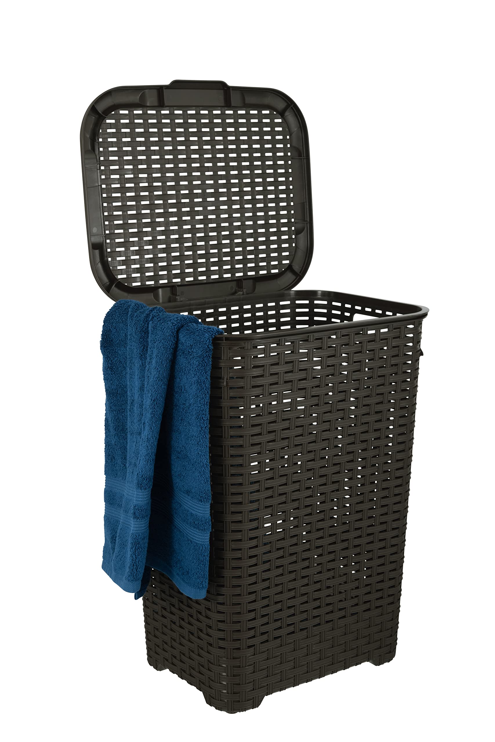 Plastic Laundry Hamper with Lid Laundry Hamper Basket, Brown Tall Cloths Hamper Organizer with Cut-out Handles. Space Saving for Laundry Room Bedroom Bathroom, Wicker Design 60 Liter