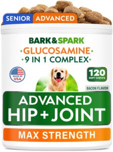 bark&spark senior advanced glucosamine chondroitin for dogs - hip joint pain relief pills - old dog joint supplement large & small breed - hip joint chews joint health care vitamin treats - 120ct