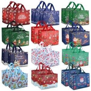 parsup 24pcs christmas reusable grocery bags,tote bags with handles, treat bags, multifunctional non-woven bags for gifts wrapping shopping, xmas party supplies, 12.8×9.8×6.7inch