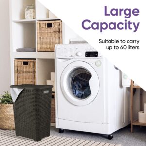 Plastic Laundry Hamper with Lid Laundry Hamper Basket, Brown Tall Cloths Hamper Organizer with Cut-out Handles. Space Saving for Laundry Room Bedroom Bathroom, Wicker Design 60 Liter