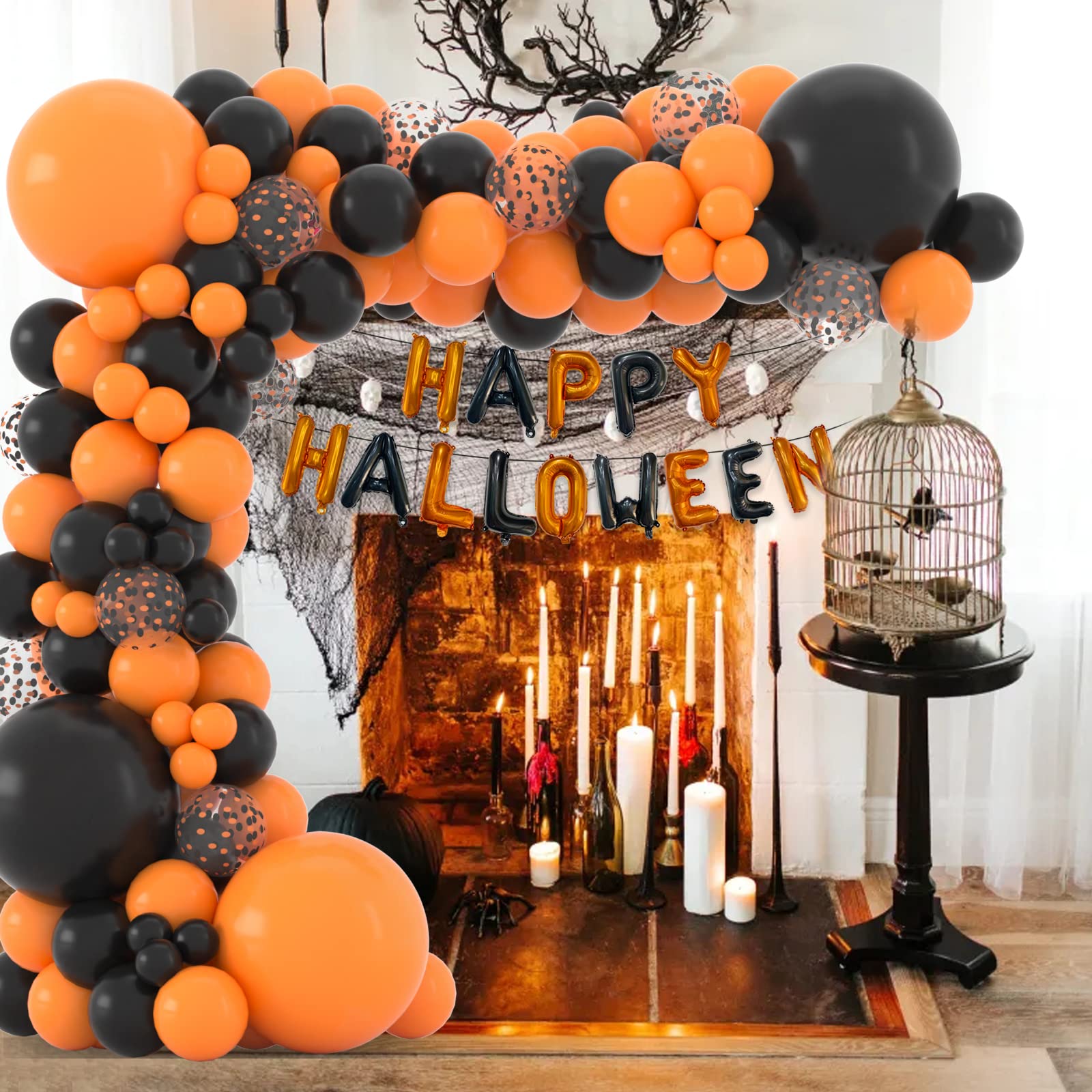 AJOYEGG Halloween Balloons Garland Kit 115pcs, Matte Black Orange Confetti Balloon 18 12 5 Inch with Happy Halloween Foil Balloons, Latex Balloon Arch for Halloween Day Party Supplies Decorations DIY