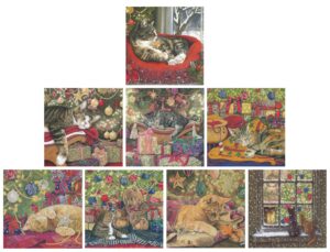 a rare breed cat christmas cards, 8 designs multipack, traditional tabby and ginger cats xmas card recyclable, happy holidays.