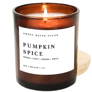 sweet water decor pumpkin spice candle - fall candles with pumpkin, clover, cinnamon & vanilla scent for home - pumpkin candle with 50 hours burn time - 11oz wood lid amber jar pumpkin soy candles