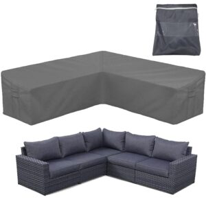 sunsure patio l-shaped sectional sofa cover waterproof outdoor furniture cover 420d heavy duty v-shaped sectional couch cover gray lawn garden furniture set covers with buckle strap (106x106in)