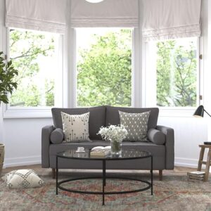 flash furniture hudson mid-century modern loveseat - dark gray faux linen upholstery - buttonless tufting - wood legs