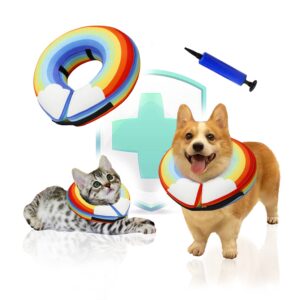 inflatable rainbow protective dog donut cone collar for dogs cats-soft recovery adjustable e-collar dog neck donut cone alternative after surgery to prevent from biting licking scratching