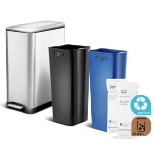 home zone living 13 gallon kitchen trash can, dual removable liners for recycling and trash, slim stainless steel shape (8 + 5 for 13 gallon total)