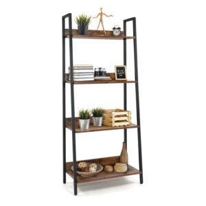 caphaus 4 tier ladder bookshelf, 24 inch width free standing shelf, bookcase shelf storage rack organizer, industrial book shelves for home office, living room, kitchen, rustic oak, vintage shelves