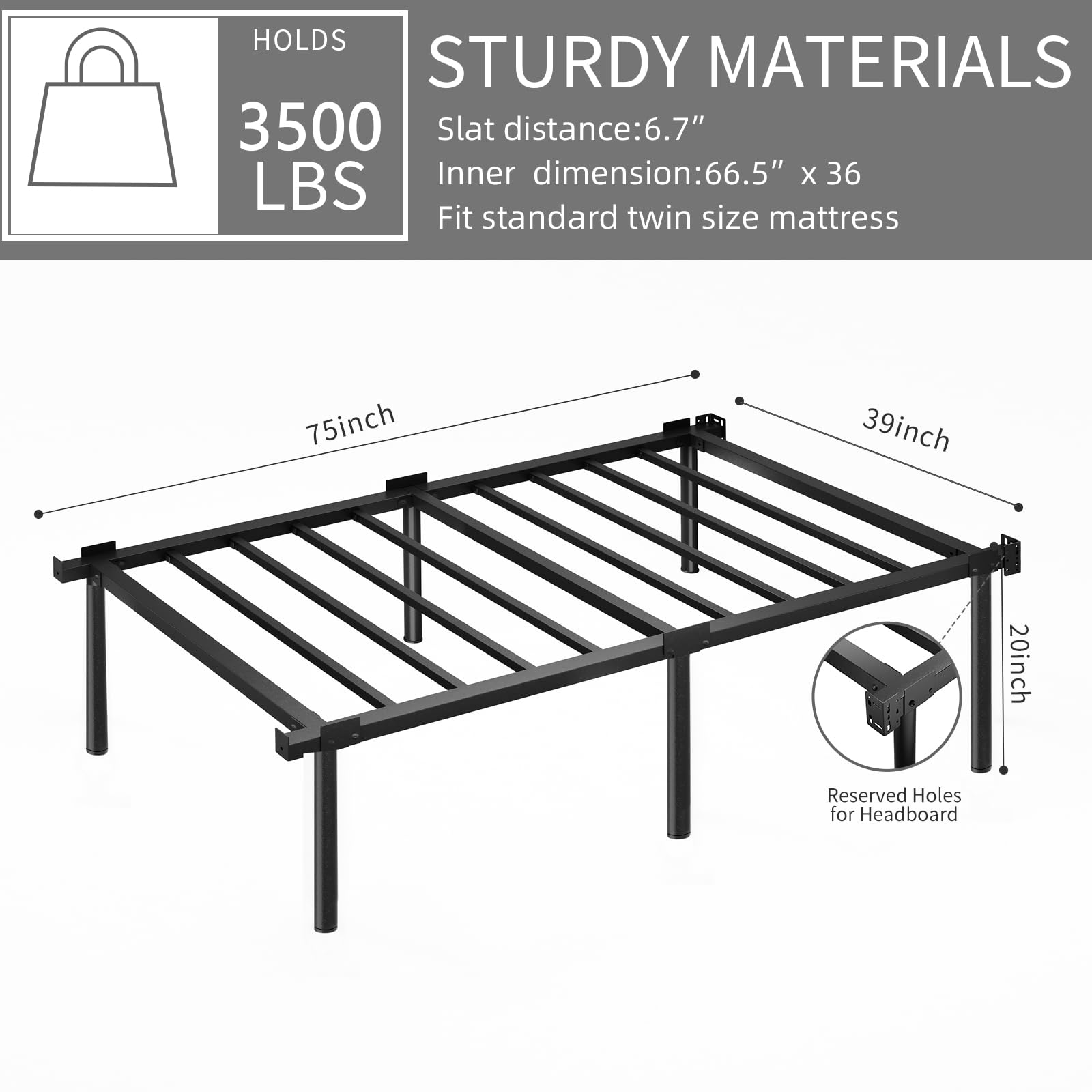 HAAGEEP 20 Inch Tall Platform Bed Frame Twin Size Metal Bedframe No Box Spring Needed Heavy Duty Mattress Frames High