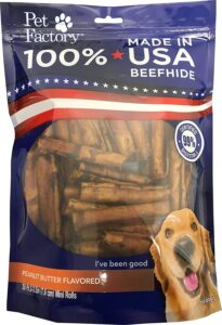 pet factory 100% made in usa beefhide 3-3.5" mini rolls dog chew treats - peanut butter flavor, 35 count/1 pack