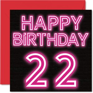 fun 22nd birthday cards for men woman - neon glow - happy birthday card for son daughter brother sister grandson granddaughter niece nephew uncle, 5.7 x 5.7 inch greeting cards, 22nd birthday card