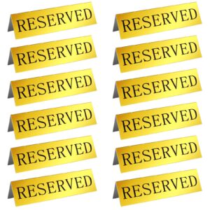 12 pieces table top reserved sign metal reserved table signs reserved seating signs double sided table tent sign for wedding restaurant family ceremony events, 5.91 x 3.15 inches (golden)