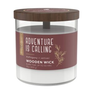 essential elements by candle-lite wood wick scented candle, adventure is calling, one 16 oz. single-wick aromatherapy candle with 50 hours of burn time, white