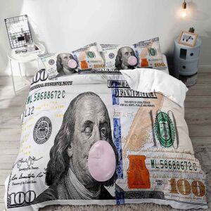 vivihome 3pcs luxury funny money duvet cover full, cute benjamin franklin wink pink bubble gum one hundred dollar bill cash 100 dollar bill comforter bedspread quilt cover, gag gifts, 2 pillow shams