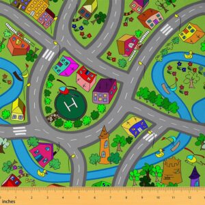 feelyou kids' play mat fabric by the yard, hand-drawn style suburb road upholstery fabric for chairs, car race track cartoon roadway decorative fabric for home diy projects, 1 yard, grey green