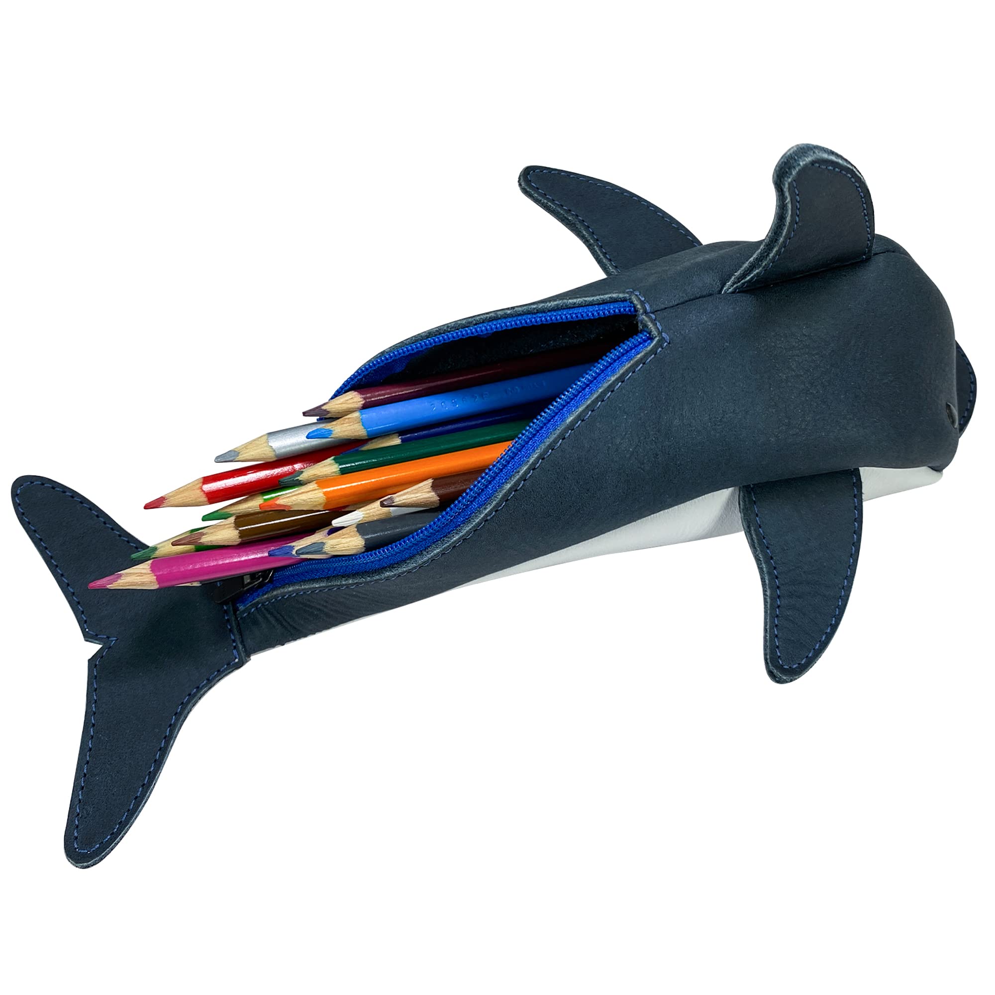 Hide & Play, Pencil Bag Handmade from Full Grain Leather - Dolphin Coin Purse, Scissors Case, Cable Holder, Phone Case, Wallet, Makeup, Stuffed Animal :: Slate Blue