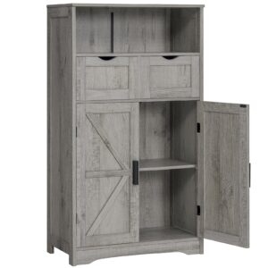 weenfon bathroom cabinet, storage cabinet with 2 adjustable drawers & 2 barn doors, standing cupboard with 2 shelf, floor cabinet for living room, home office, kitchen, grey