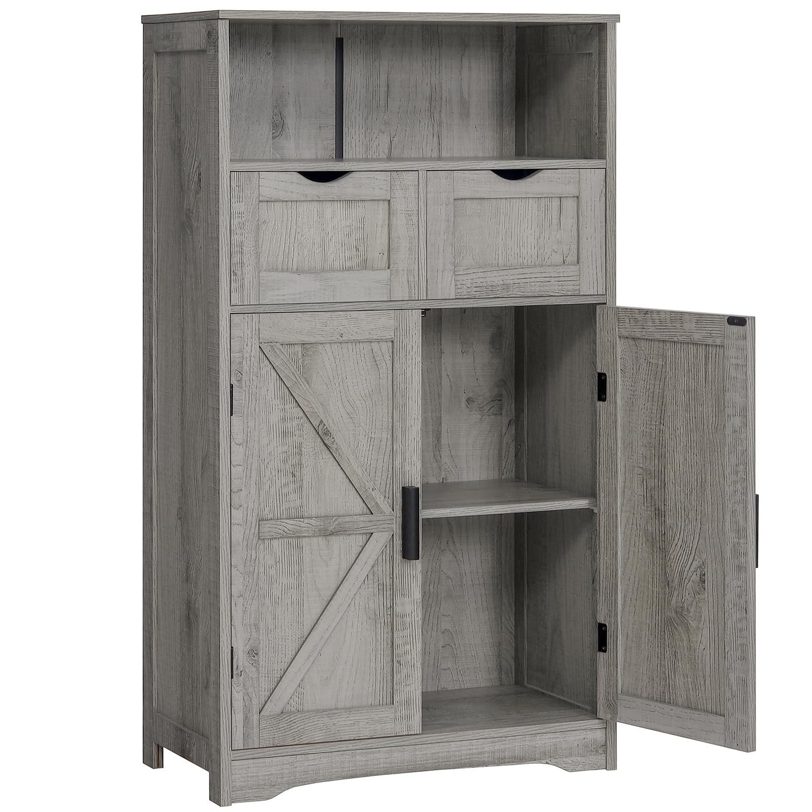 WEENFON Bathroom Cabinet, Storage Cabinet with 2 Adjustable Drawers & 2 Barn Doors, Standing Cupboard with 2 Shelf, Floor Cabinet for Living Room, Home Office, Kitchen, Grey