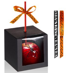 50 sets halloween kraft candy apple boxes with hole stick and ribbons 4x4x4'' window clear favor boxes candied cake cookies chocolate caramel apple boxes gift treat boxes for wedding party (black)