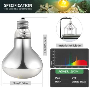 MIXJOY 2 Pack 100W Reptile Heat Lamp Bulb Full Spectrum UVA UVB Sun Light for Reptile and Amphibian Use