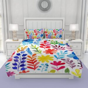 queen duvet cover set watercolor colorful floral leaves soft bed duvet cover with zipper closure,3 pieces breathable bedding set,1 comforter cover and 2 pillow shams