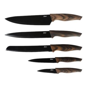 oster godfrey 5-piece kitchen cutlery knife set w/black blade and wood look handle